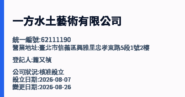 一方水土藝術有限公司的照片-統編 62111190(臺北市) 公司登記資料與營業項目詳細圖表