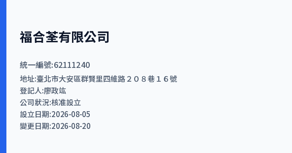 福合荃有限公司的照片-統編 62111240(臺北市) 公司登記資料與營業項目詳細圖表