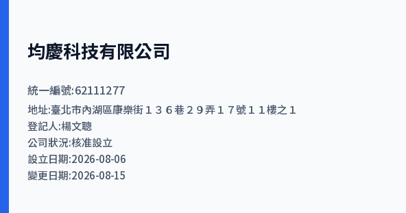 均慶科技有限公司的照片-統編 62111277(臺北市) 公司登記資料與營業項目詳細圖表