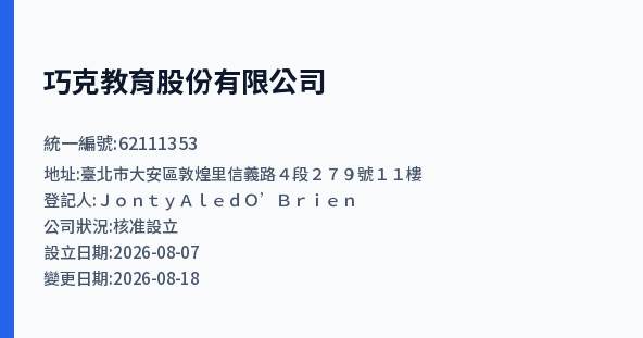 巧克教育股份有限公司的照片-統編 62111353(臺北市) 公司登記資料與營業項目詳細圖表