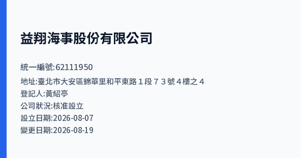 益翔海事股份有限公司的照片-統編 62111950(臺北市) 公司登記資料與營業項目詳細圖表