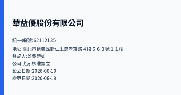 華益優股份有限公司的照片-統編 62112135(臺北市) 公司登記資料與營業項目詳細圖表