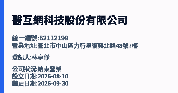 醫互網科技股份有限公司的照片-統編 62112199 公司登記資料與營業項目詳細圖表
