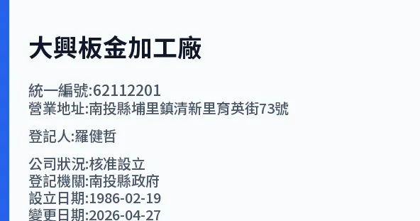 大興板金加工廠的照片-統編 62112201(南投縣) 公司登記資料與營業項目詳細圖表