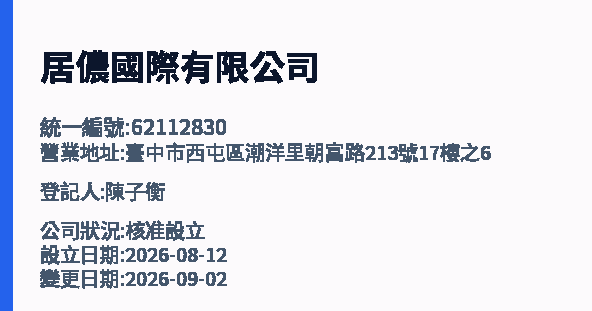 居儂國際有限公司的照片-統編 62112830(臺中市) 公司登記資料與營業項目詳細圖表