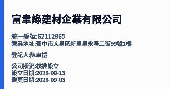 富聿綠建材企業有限公司的照片-統編 62112965(臺中市) 公司登記資料與營業項目詳細圖表