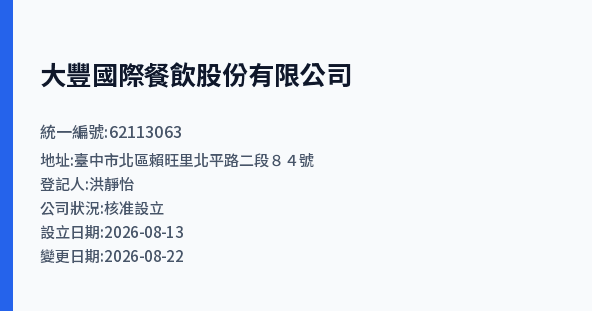 大豐國際餐飲股份有限公司的照片-統編 62113063(臺中市) 公司登記資料與營業項目詳細圖表