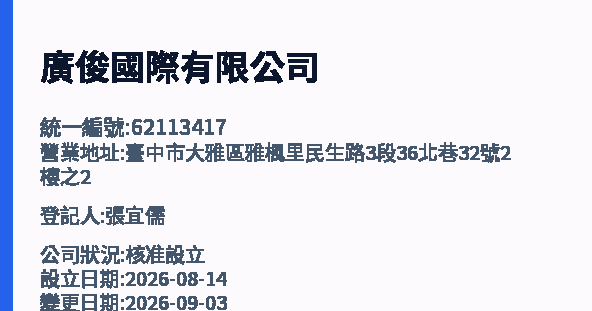 廣俊國際有限公司的照片-統編 62113417(臺中市) 公司登記資料與營業項目詳細圖表