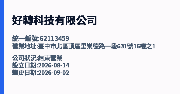 好轉科技有限公司的照片-統編 62113459(臺中市) 公司登記資料與營業項目詳細圖表