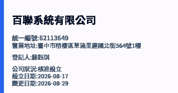 百聯系統有限公司的照片-統編 62113649(臺中市) 公司登記資料與營業項目詳細圖表