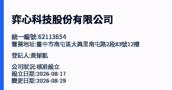 弈心科技股份有限公司的照片-統編 62113654(臺中市) 公司登記資料與營業項目詳細圖表