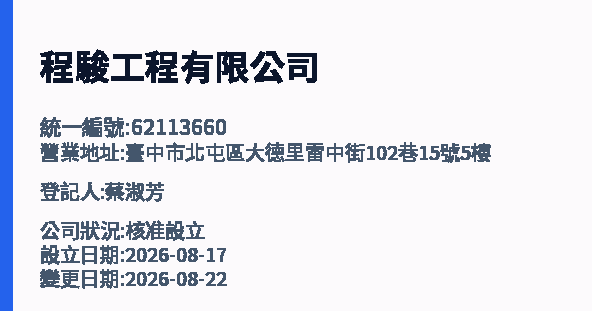 程駿工程有限公司的照片-統編 62113660(臺中市) 公司登記資料與營業項目詳細圖表