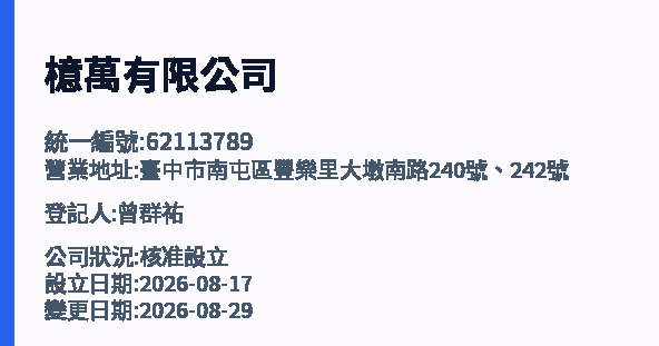 檍萬有限公司的照片-統編 62113789(臺中市) 公司登記資料與營業項目詳細圖表