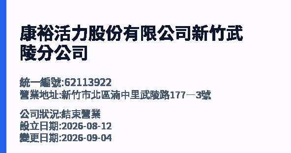 康裕活力股份有限公司新竹武陵分公司的照片-統編 62113922(新竹市) 公司登記資料與營業項目詳細圖表