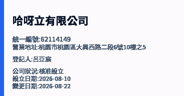 哈呀立有限公司的照片-統編 62114149(桃園市) 公司登記資料與營業項目詳細圖表