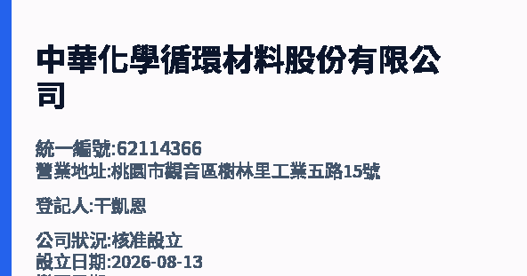 中華化學循環材料股份有限公司的照片-統編 62114366(桃園市) 公司登記資料與營業項目詳細圖表