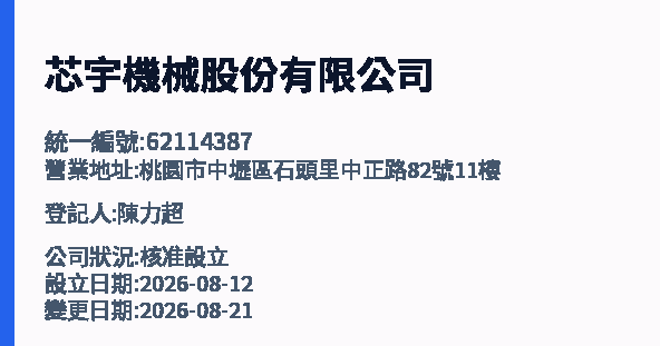 芯宇機械股份有限公司的照片-統編 62114387(桃園市) 公司登記資料與營業項目詳細圖表