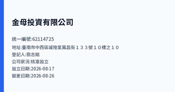 金母投資有限公司的照片-統編 62114725(臺南市) 公司登記資料與營業項目詳細圖表