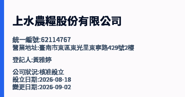 上水農糧股份有限公司的照片-統編 62114767(臺南市) 公司登記資料與營業項目詳細圖表