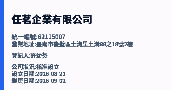 任茗企業有限公司的照片-統編 62115007(臺南市) 公司登記資料與營業項目詳細圖表