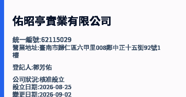 佑昭亭實業有限公司的照片-統編 62115029(臺南市) 公司登記資料與營業項目詳細圖表