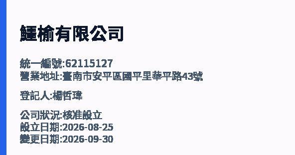鱷榆有限公司的照片-統編 62115127 公司登記資料與營業項目詳細圖表
