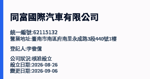同富國際汽車有限公司的照片-統編 62115132(臺南市) 公司登記資料與營業項目詳細圖表