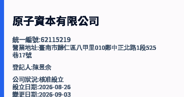 原子資本有限公司的照片-統編 62115219(臺南市) 公司登記資料與營業項目詳細圖表