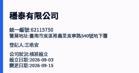 穩泰有限公司的照片-統編 62115750(臺南市) 公司登記資料與營業項目詳細圖表