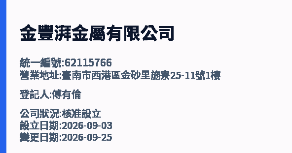金豐湃金屬有限公司的照片-統編 62115766(臺南市) 公司登記資料與營業項目詳細圖表