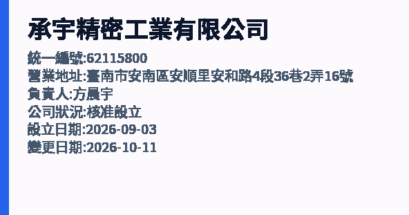 承宇精密工業有限公司的照片-統編 62115800(臺南市) 公司登記資料與營業項目詳細圖表