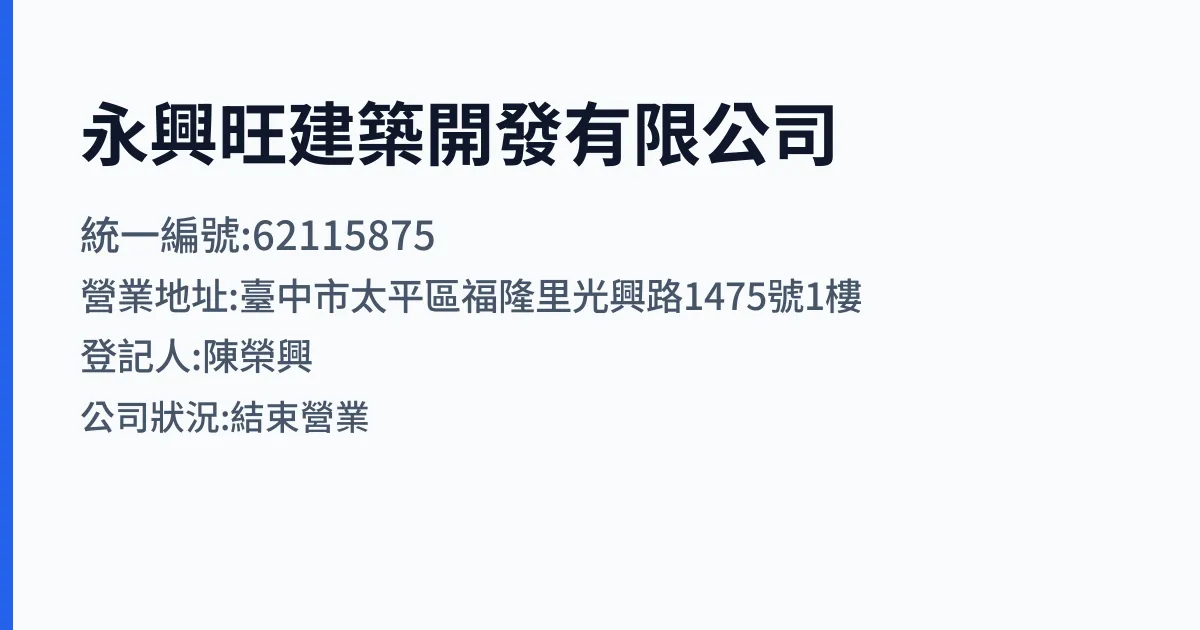 永興旺建築開發有限公司 - 統編 62115875(臺中市) 公司登記資料與營業項目詳細圖表