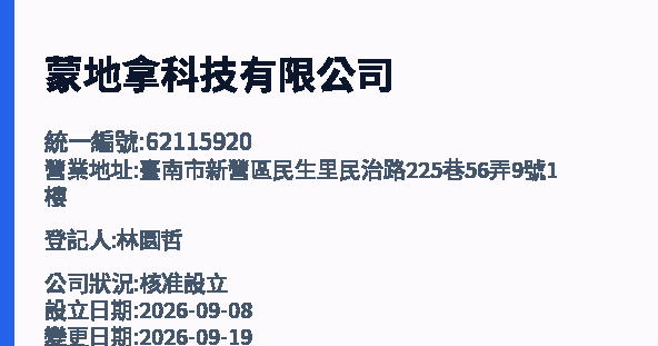 蒙地拿科技有限公司的照片-統編 62115920(臺南市) 公司登記資料與營業項目詳細圖表