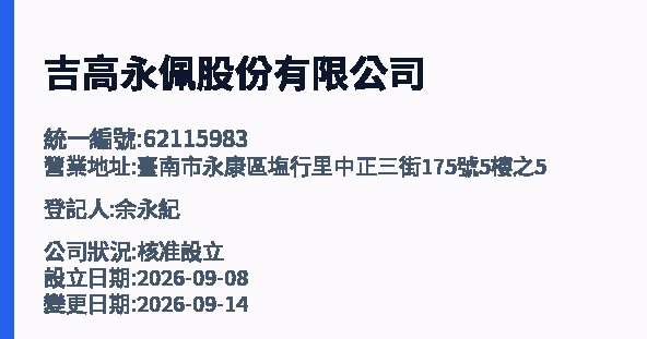 吉高永佩股份有限公司的照片-統編 62115983(臺南市) 公司登記資料與營業項目詳細圖表