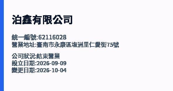 泊鑫有限公司的照片-統編 62116028(臺南市) 公司登記資料與營業項目詳細圖表