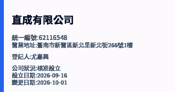 直成有限公司的照片-統編 62116548(臺南市) 公司登記資料與營業項目詳細圖表