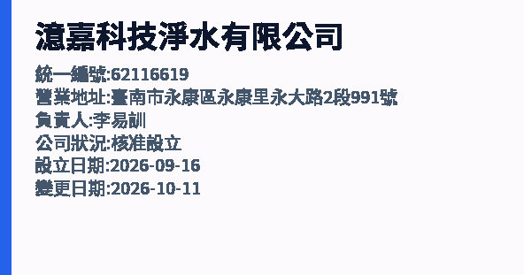 澺嘉科技淨水有限公司的照片-統編 62116619(臺南市) 公司登記資料與營業項目詳細圖表