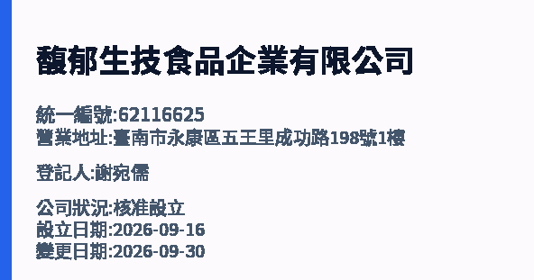 馥郁生技食品企業有限公司的照片-統編 62116625(臺南市) 公司登記資料與營業項目詳細圖表