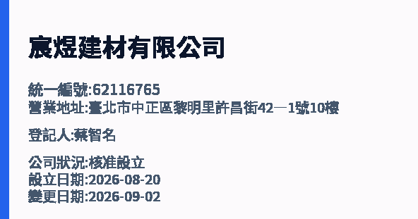 宸煜建材有限公司的照片-統編 62116765(臺北市) 公司登記資料與營業項目詳細圖表
