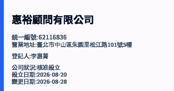 惠裕顧問有限公司的照片-統編 62116836(臺北市) 公司登記資料與營業項目詳細圖表