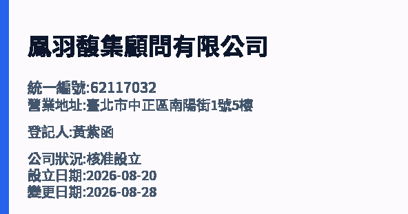 鳳羽馥集顧問有限公司的照片-統編 62117032(臺北市) 公司登記資料與營業項目詳細圖表