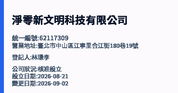 淨零新文明科技有限公司的照片-統編 62117309(臺北市) 公司登記資料與營業項目詳細圖表