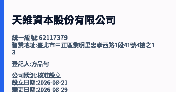 天維資本股份有限公司的照片-統編 62117379(臺北市) 公司登記資料與營業項目詳細圖表