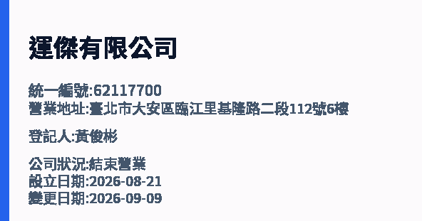運傑有限公司的照片-統編 62117700(臺北市) 公司登記資料與營業項目詳細圖表