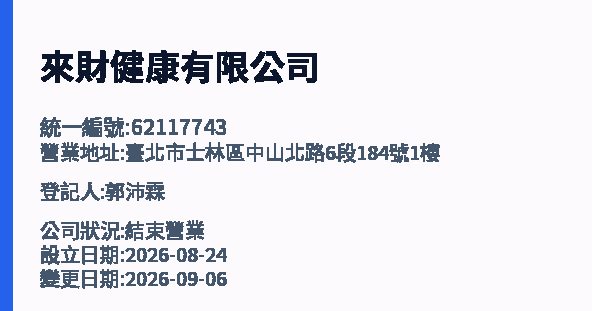 來財健康有限公司的照片-統編 62117743(臺北市) 公司登記資料與營業項目詳細圖表
