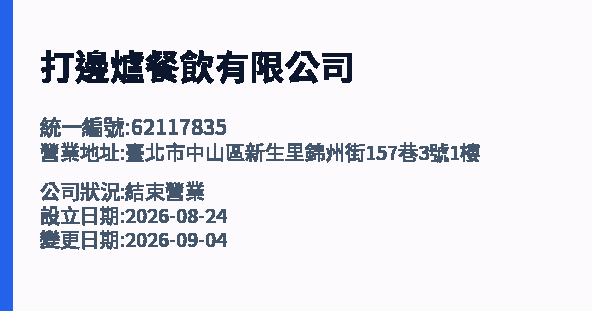 打邊爐餐飲有限公司的照片-統編 62117835(臺北市) 公司登記資料與營業項目詳細圖表