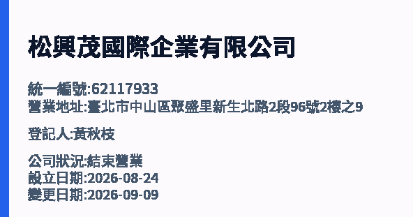 松興茂國際企業有限公司的照片-統編 62117933(臺北市) 公司登記資料與營業項目詳細圖表