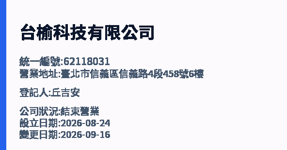 台榆科技有限公司的照片-統編 62118031(臺北市) 公司登記資料與營業項目詳細圖表
