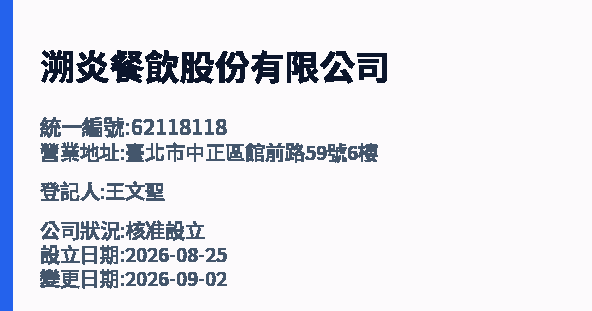 溯炎餐飲股份有限公司的照片-統編 62118118(臺北市) 公司登記資料與營業項目詳細圖表