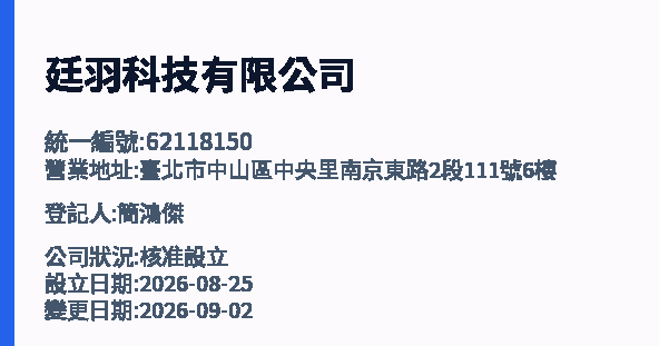 廷羽科技有限公司的照片-統編 62118150(臺北市) 公司登記資料與營業項目詳細圖表